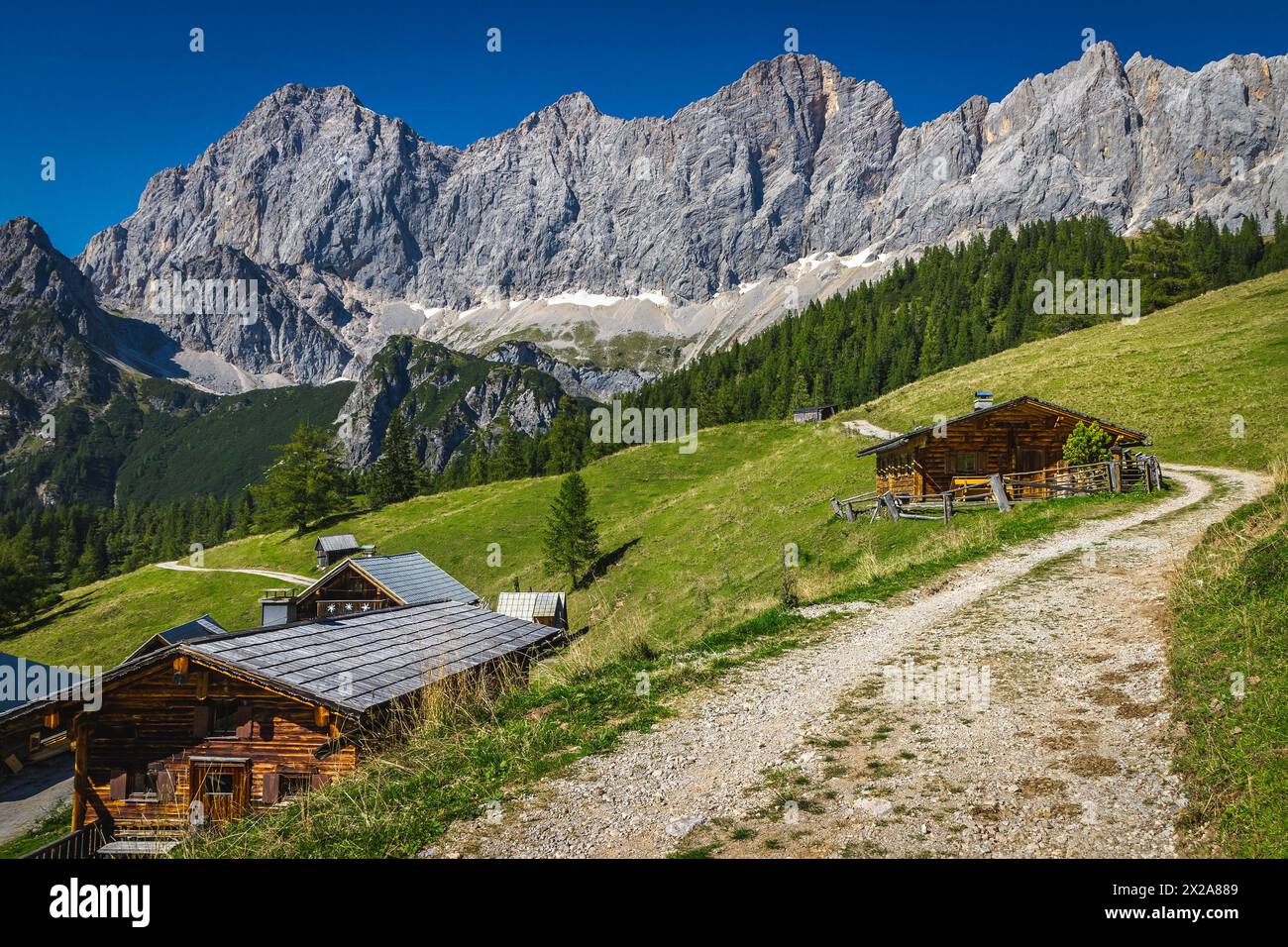 Famous hiking and travel location, alpine wooden log houses on the ...