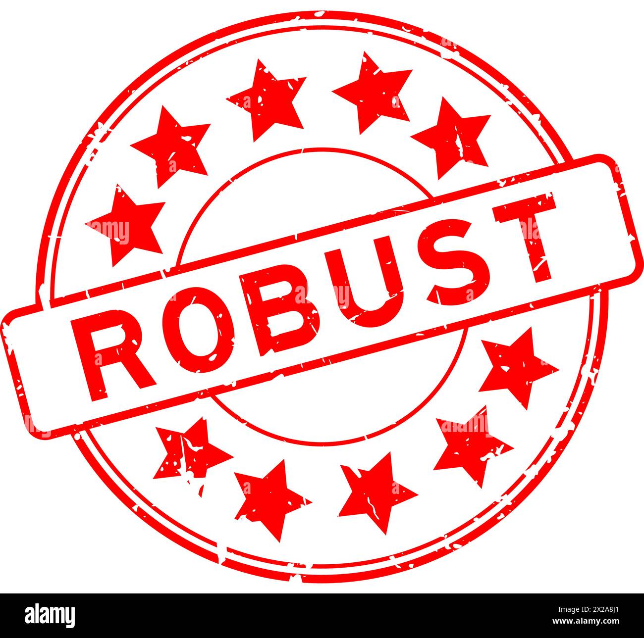 Grunge red robust word with star icon round rubber seal stamp on white ...