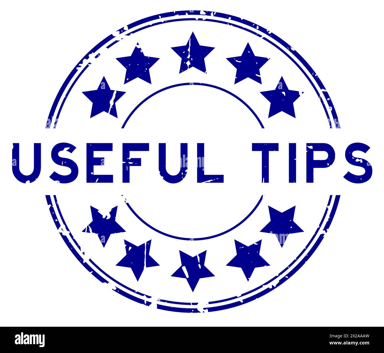 Grunge blue useful tips word with star icon round rubber seal stamp on ...