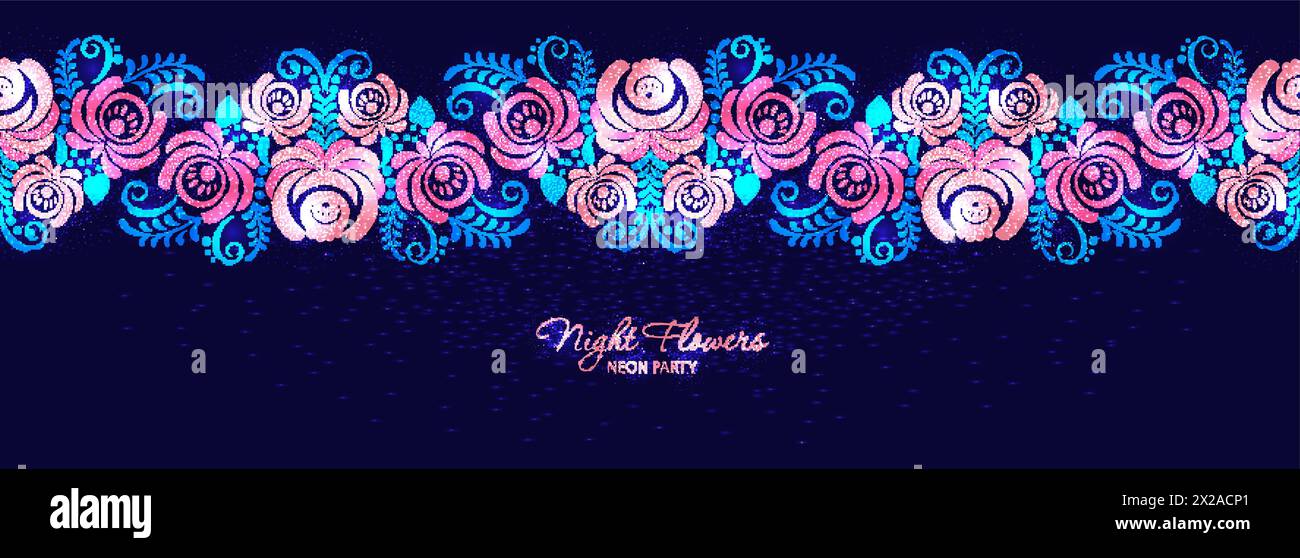 Vector night roses neon magenta floral seamless banner. Graphic flowers ...