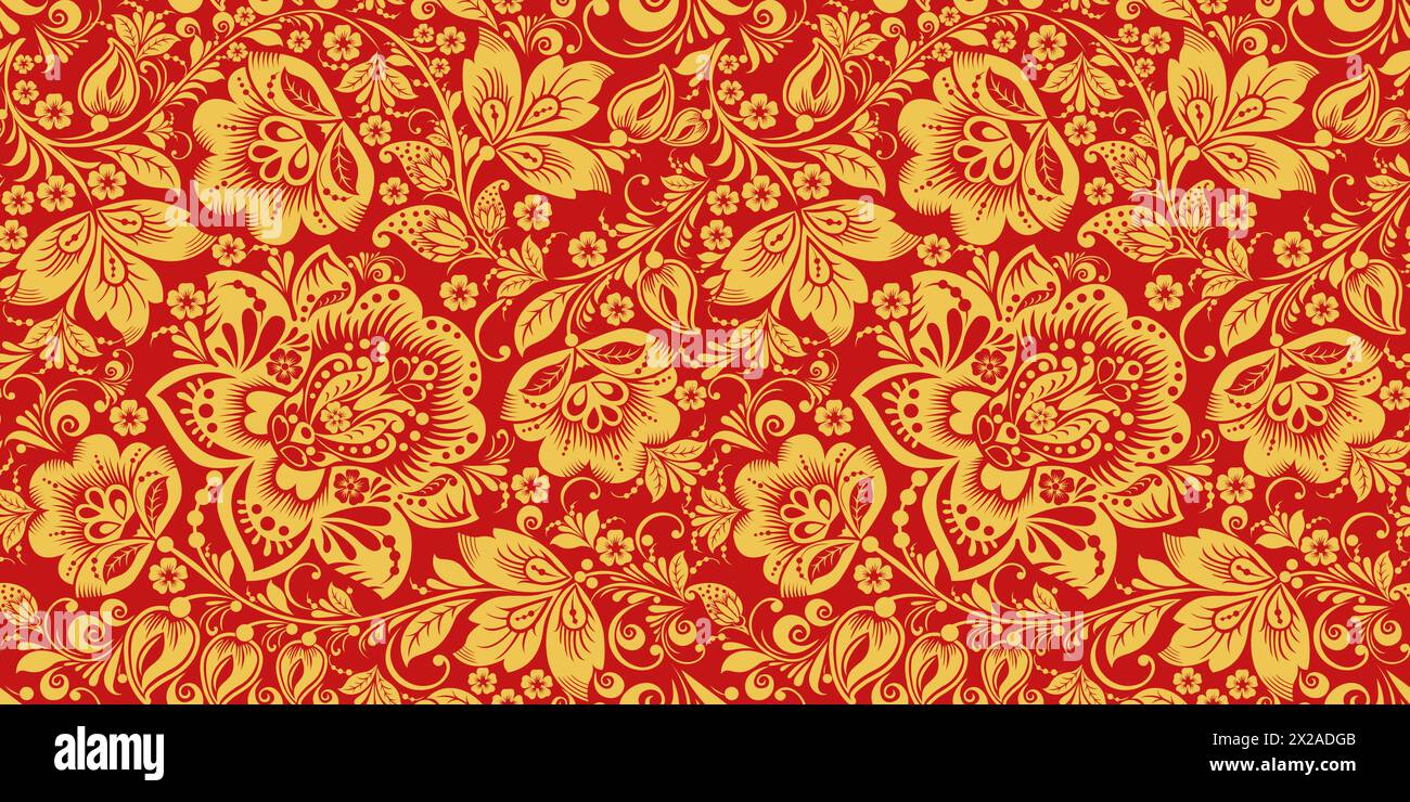 Hohloma in red and gold colors seamless pattern vector. Russian ...