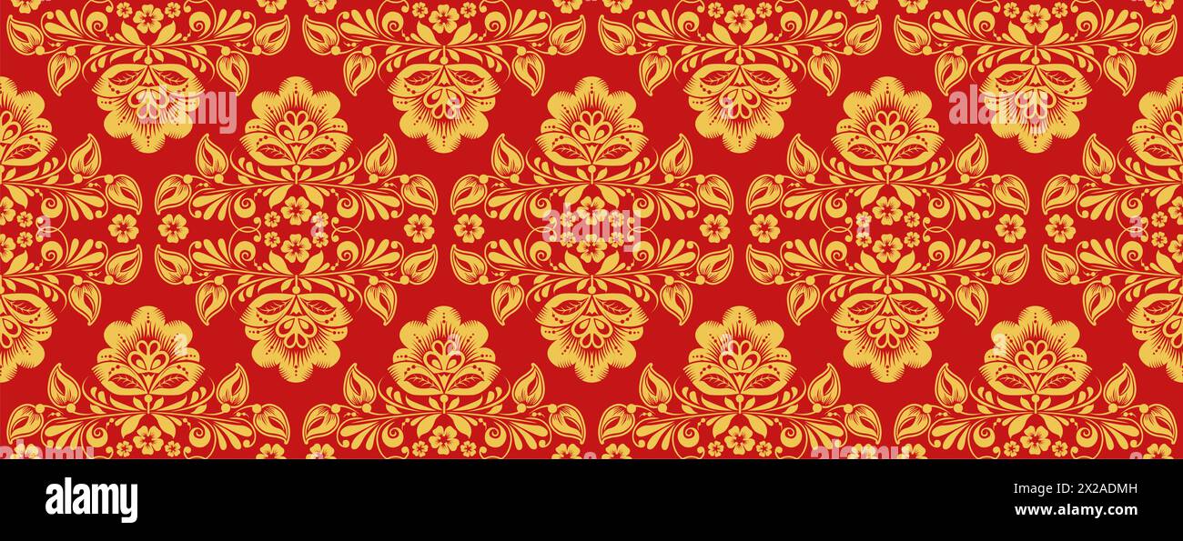 Russian khokhloma style repeat pattern vector in traditional red and ...
