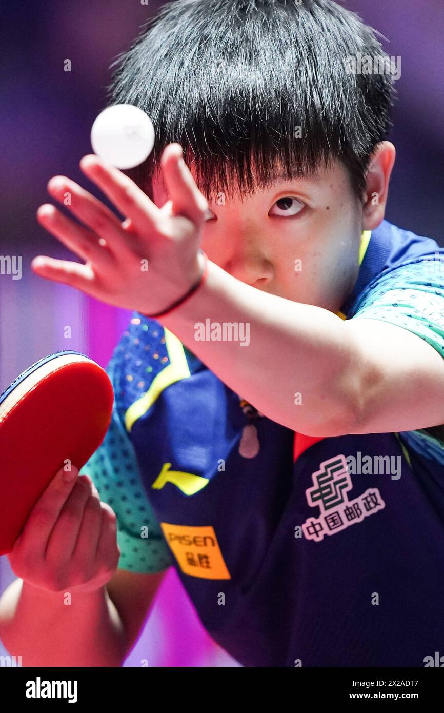 Macao, China. 21st Apr, 2024. Sun Yingsha of China serves during the ...