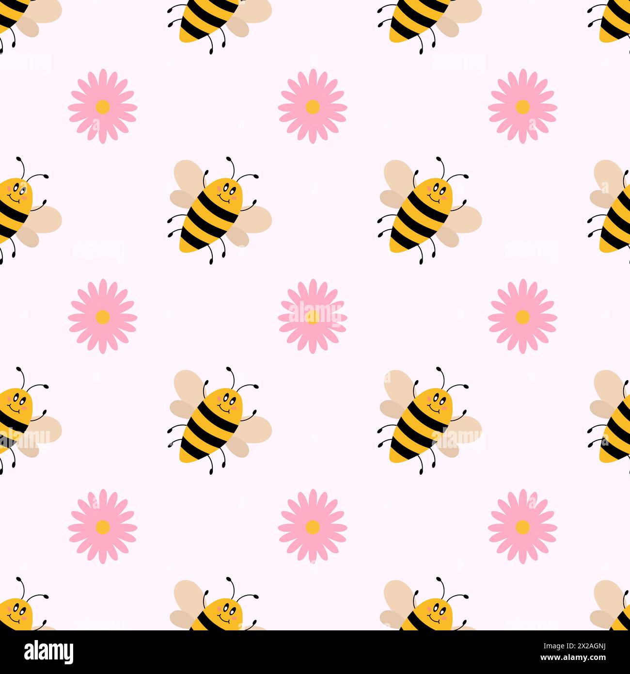 Vector cute cartoon seamless pattern with bees and pink flowers. Funny ...