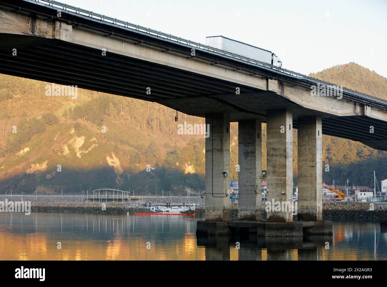 Truck, A8 freeway, bridge over Oria river mouth, Orio, Gipuzkoa, Basque ...