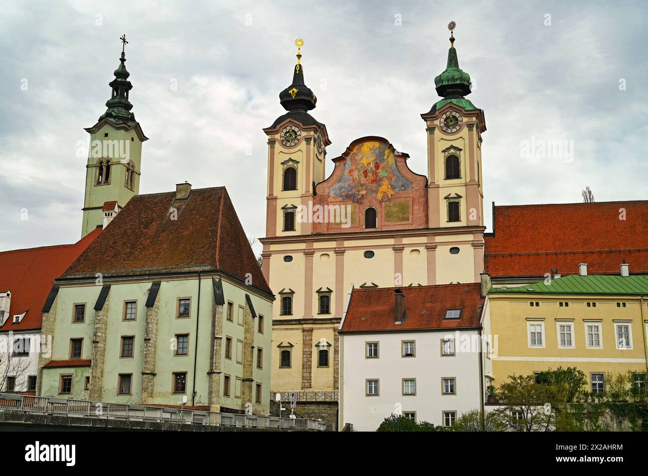 Colorful old buildings and church in Steyr Austria Stock Photo - Alamy