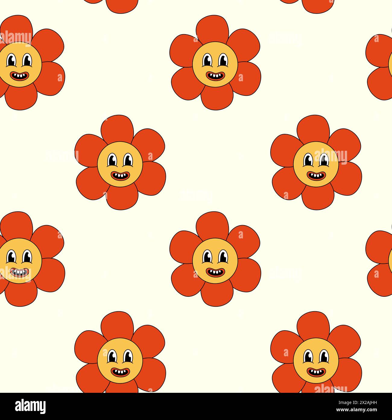 Retro Seamless Pattern 70s 60s 80s Hippie Groovy cute Red Flower ...