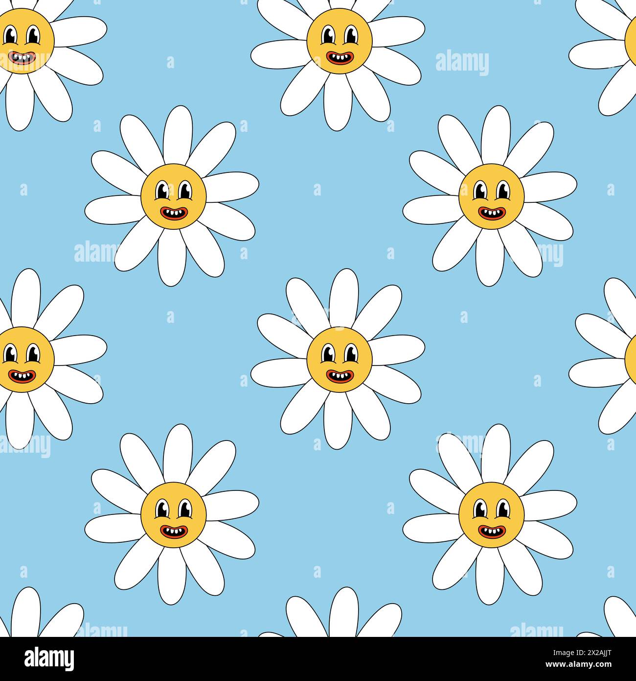 Retro 70s 60s 80s Hippie Groovy cute Daisy Flowers Seamless Pattern ...