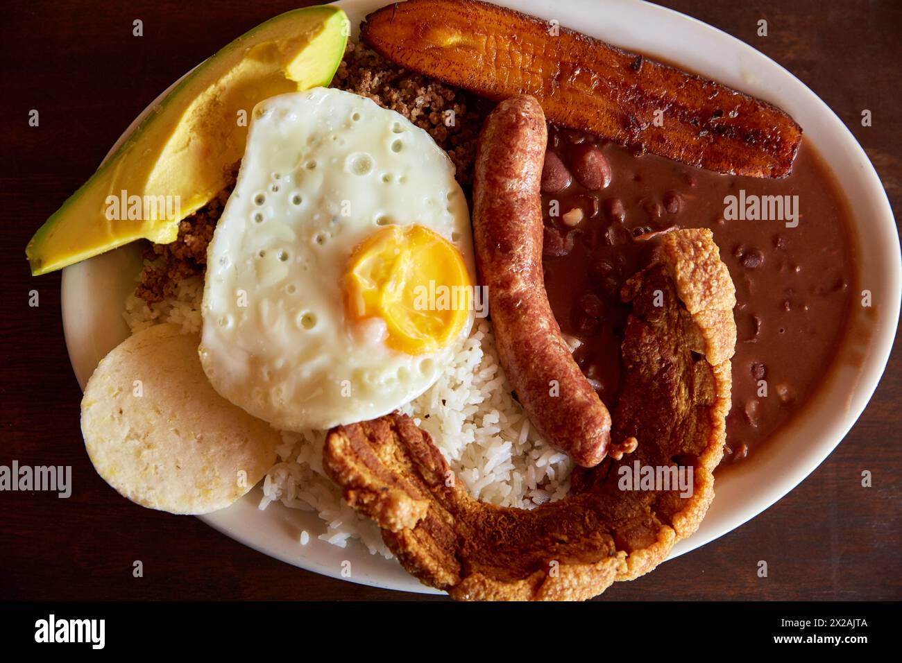 Bandeja paisa, Paisa tray (Ingredients: beans, rice, ground beef ...