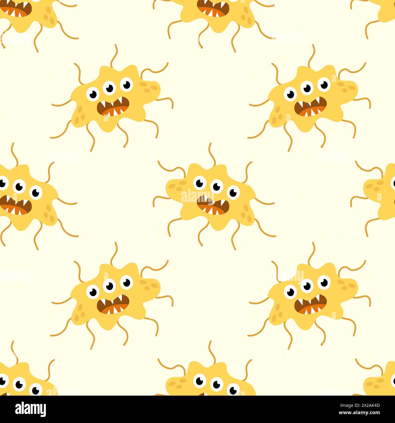 Seamless Pattern with Cute cartoon character virus, bacteria, microbe ...