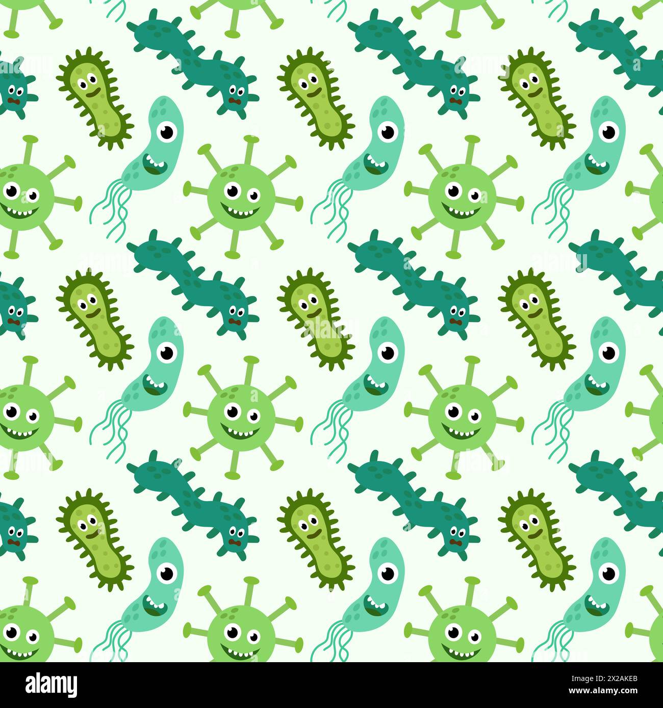 Seamless Pattern with Cute cartoon characters virus, bacteria, microbe ...