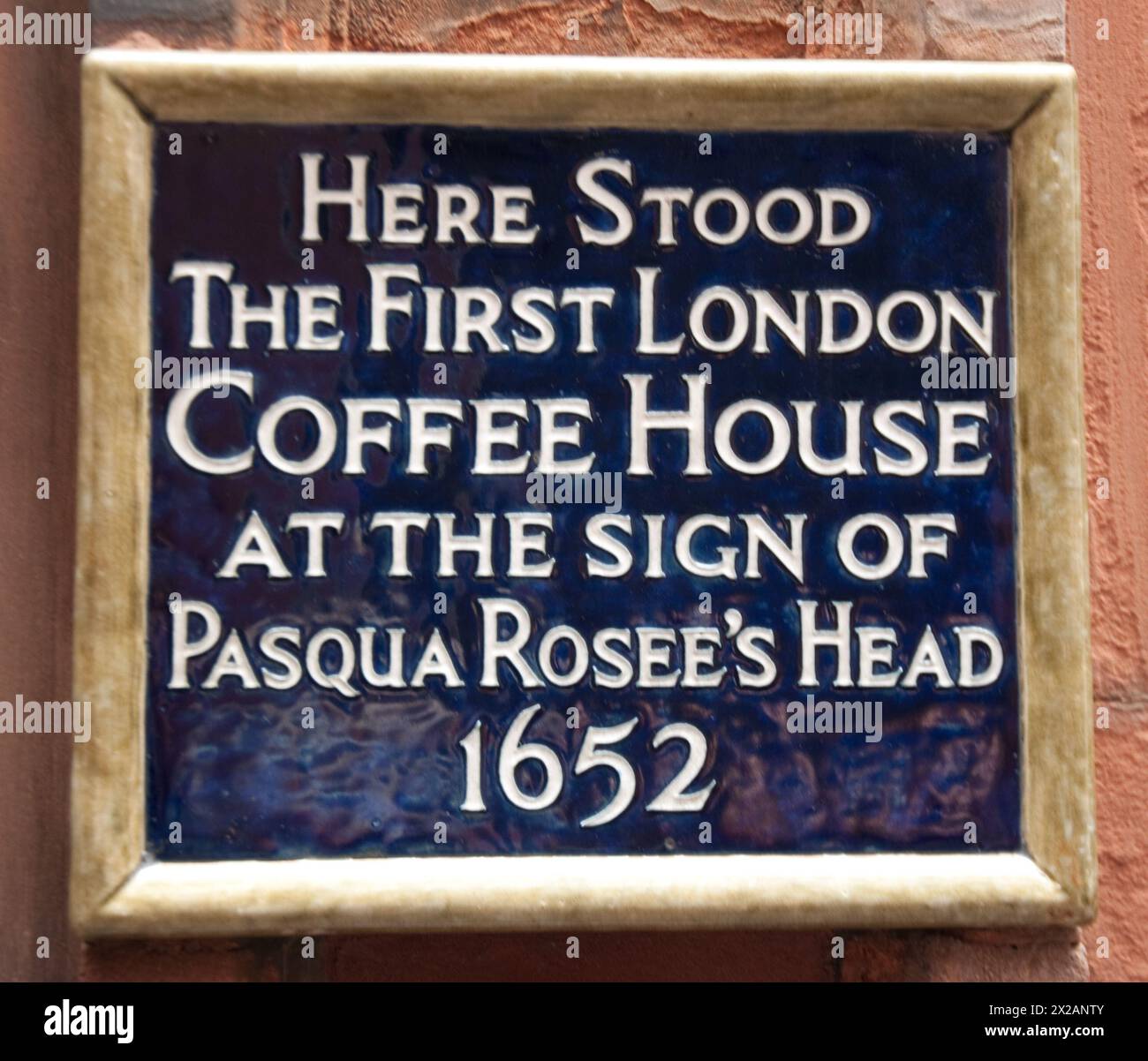 Plaque indicating London's First Coffee House, City of London, UK. Now ...