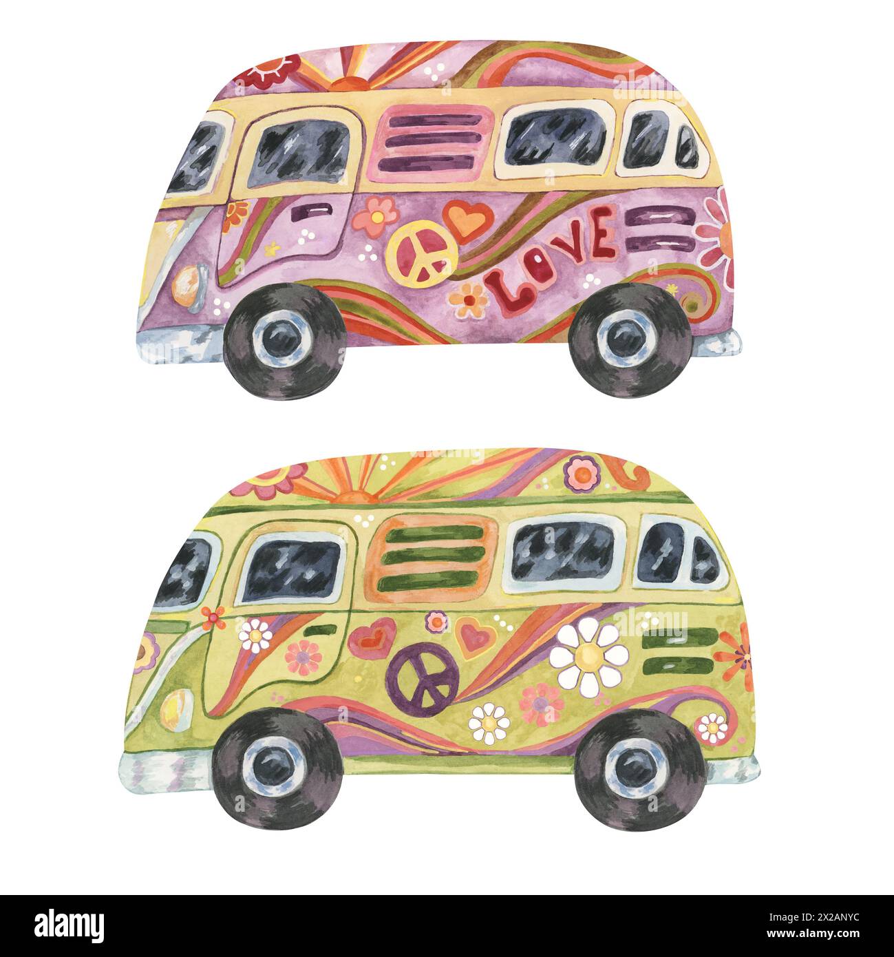 Hippie vintage camper van with flowers. Groovy green and purple retro ...