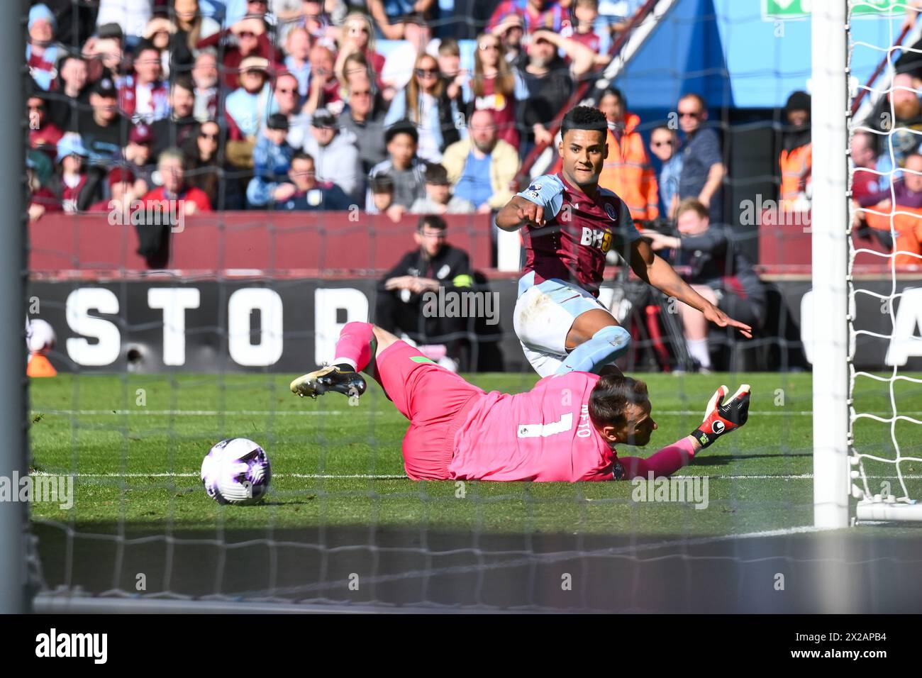Ollie Watkins of Aston Villa scores to make it 3-1 during the Premier ...