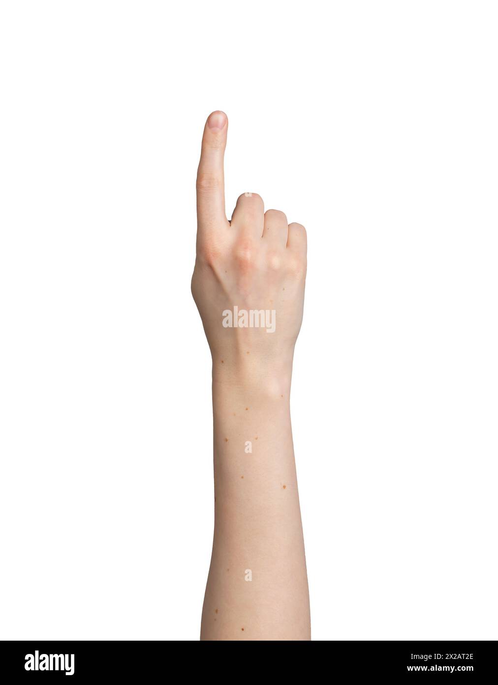 Finger showing, indicating up, hand gesture isolated on white ...
