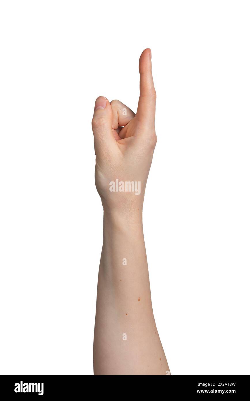 Index finger pointing up, side view, hand gesture isolated on white ...