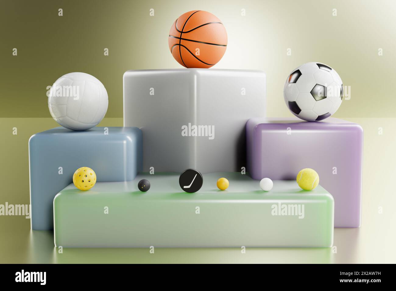 Collection of various sports balls of different sizes on a pedestal 3D ...