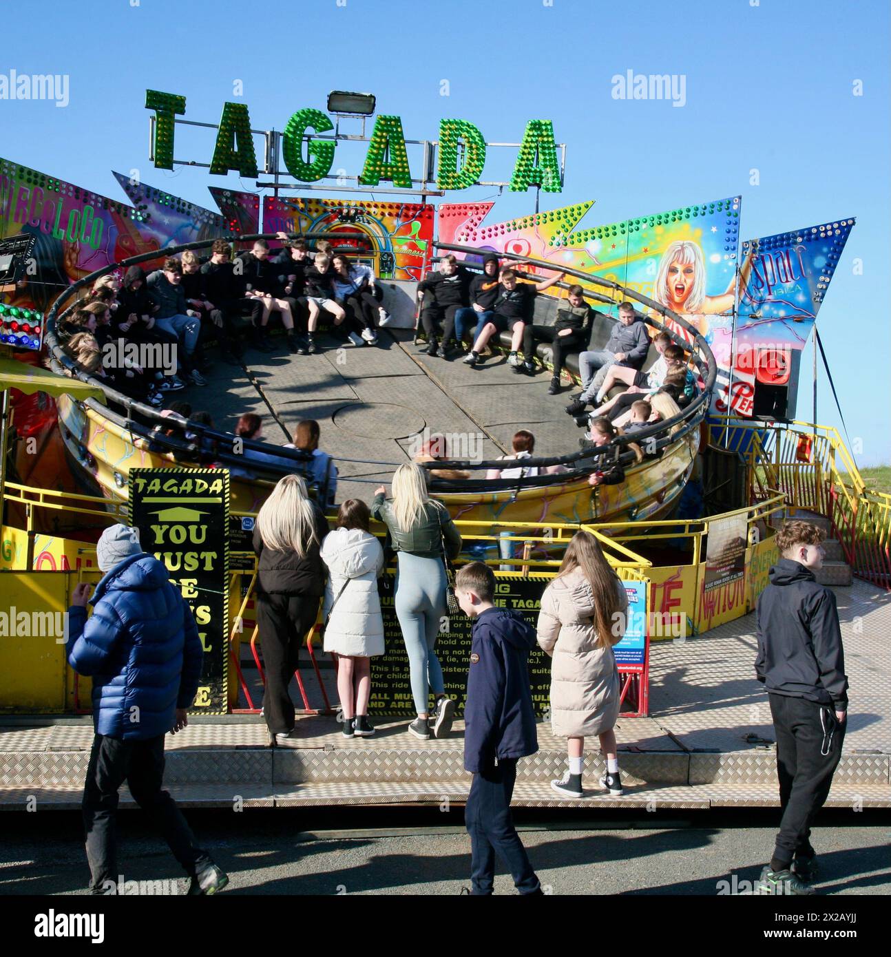 Thrill seekers at Taylor's Funfair, Fleetwood, Lancashire, United ...
