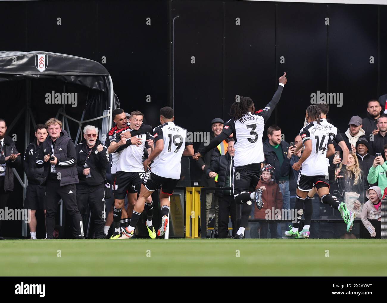 London, England, 21st April 2024. Timothy Castagne of Fulham celebrates ...