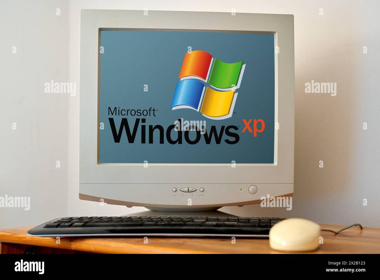 April 21, 2024: Old computer on a desk with a screen showing the ...