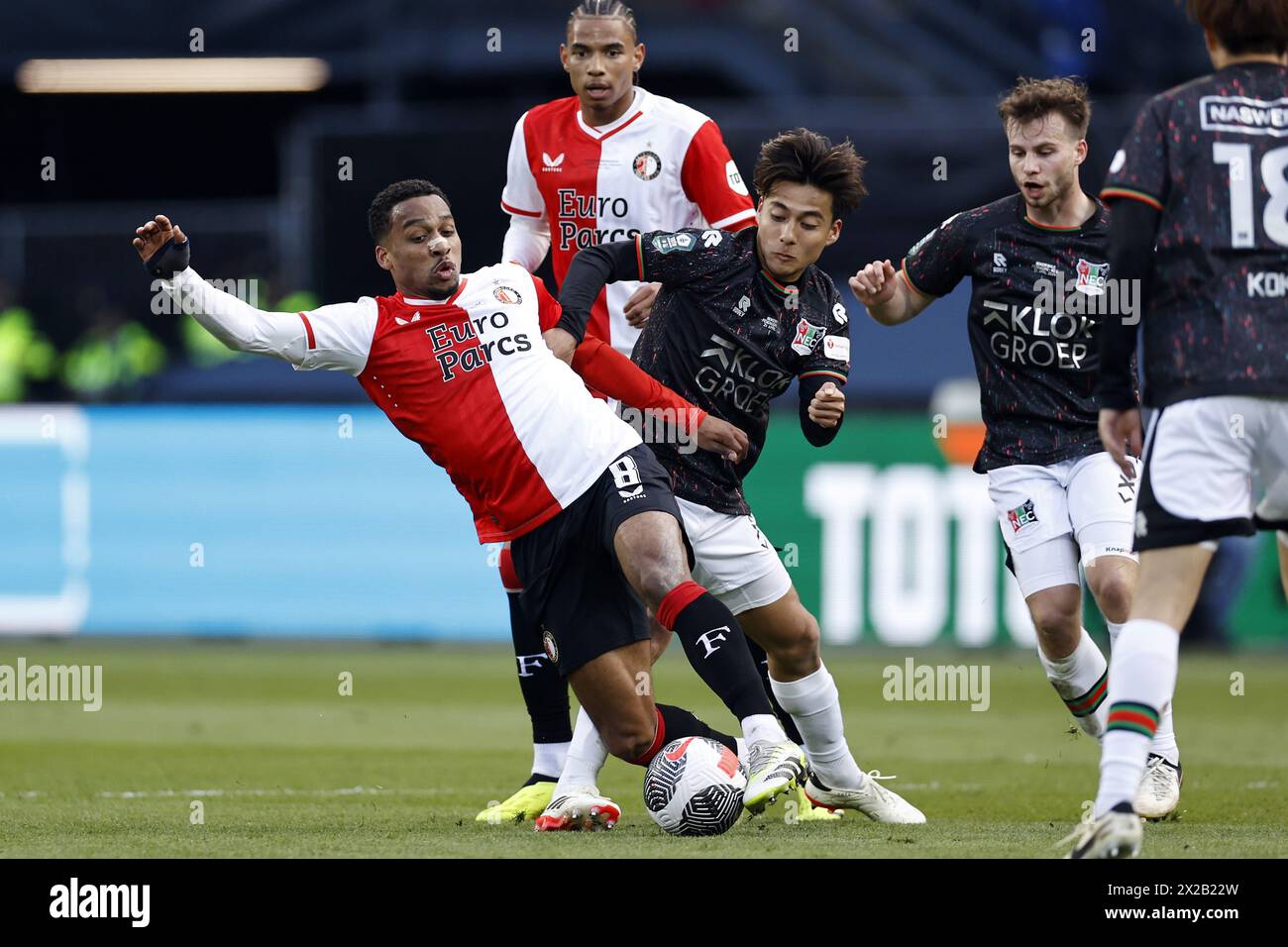 ROTTERDAM - (l-r) Quinten Timber of Feyenoord, Kodai Sano of NEC Nijmegen, Calvin Stengs of ...