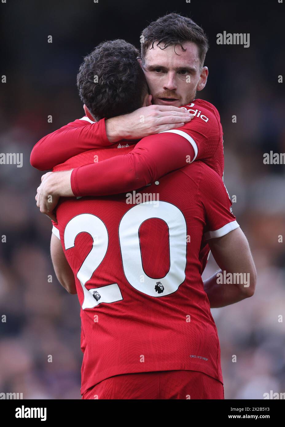 London, England, 21st April 2024. Andrew Robertson of Liverpool hugs ...