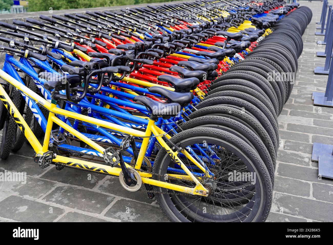 Rental bicycles, Xian, Shaanxi, China, AsiaArranged rows of bicycles in ...