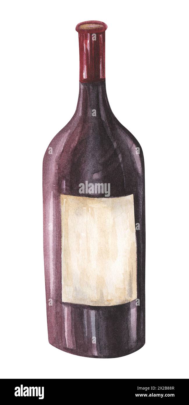 Hand-drawn watercolor illustration of the wine bottle and one glass of ...