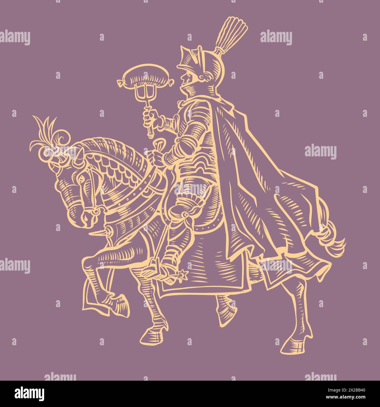 A knight in armor on an armored horse holds a sausage on a fork. Meat ...