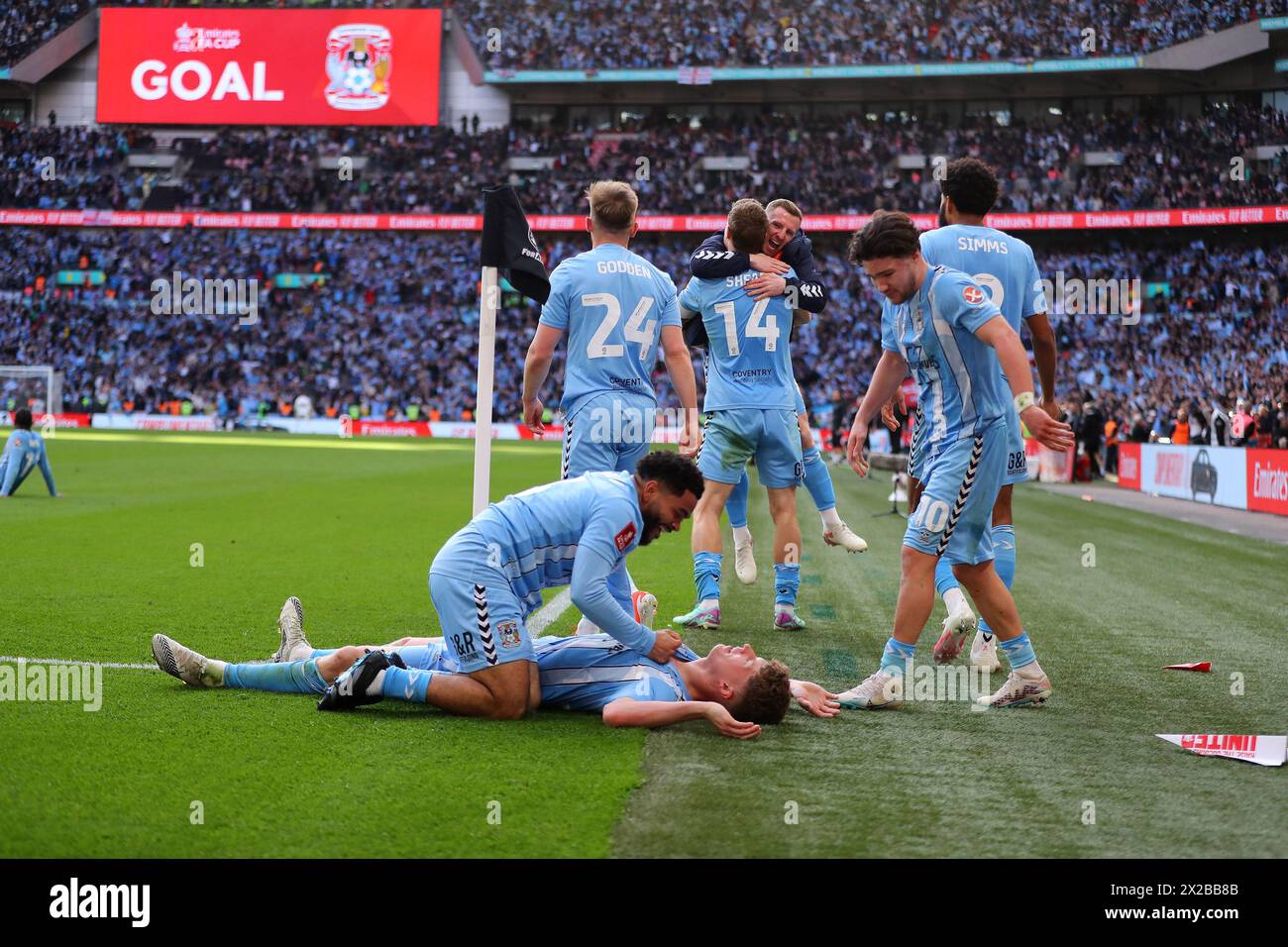 London, UK. 21st Apr, 2024. Victor Torp of Coventry City (on ground ...