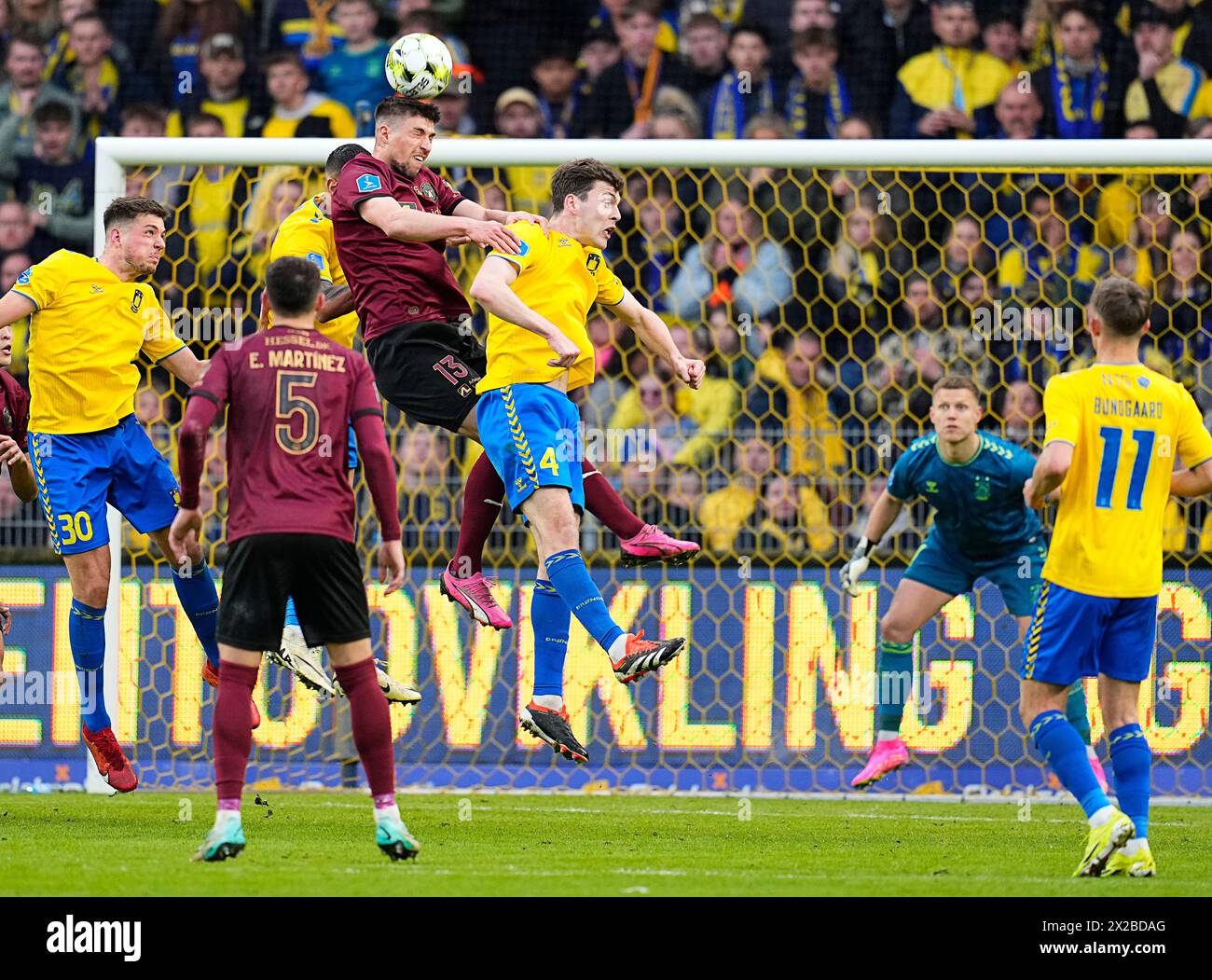 Broendby, Denmark. 21st Apr, 2024. FC Midtjylland's Adam Gabriel and ...