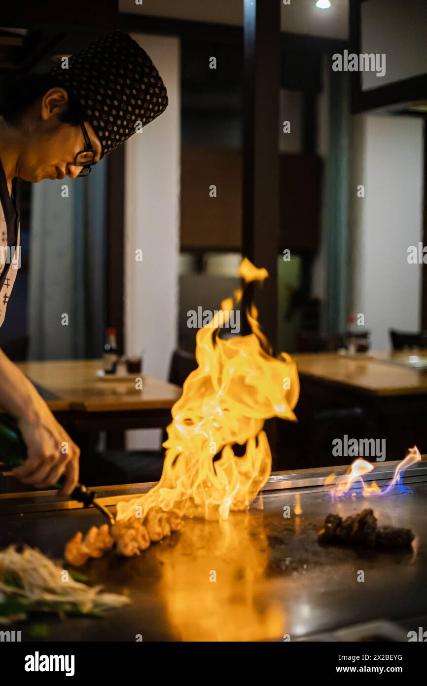 Berlin, Germany 05. 09. 2019. Teppanyaki chef cooking at teppan in a ...