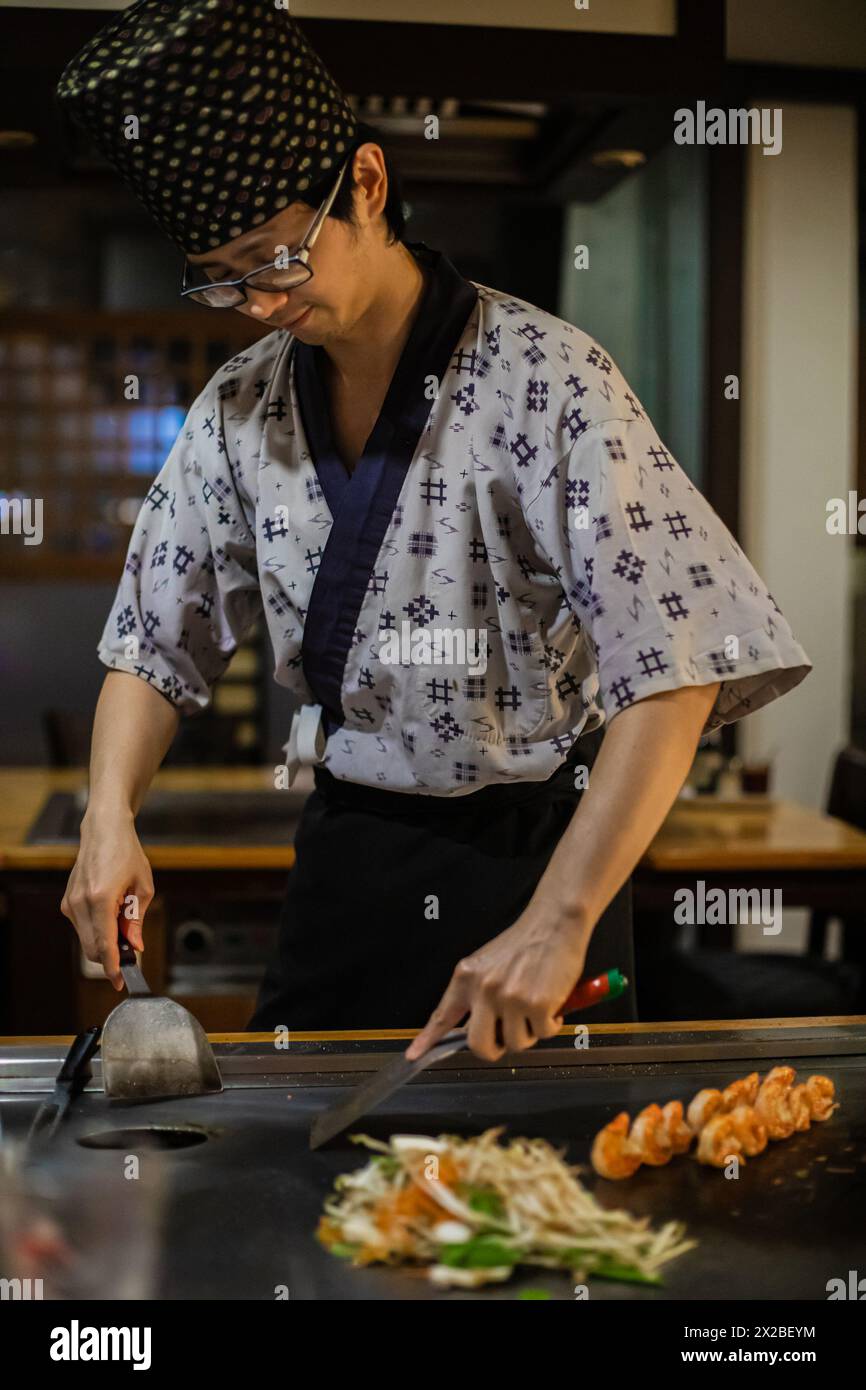 Berlin, Germany 05. 09. 2019. Teppanyaki chef cooking at teppan in a ...