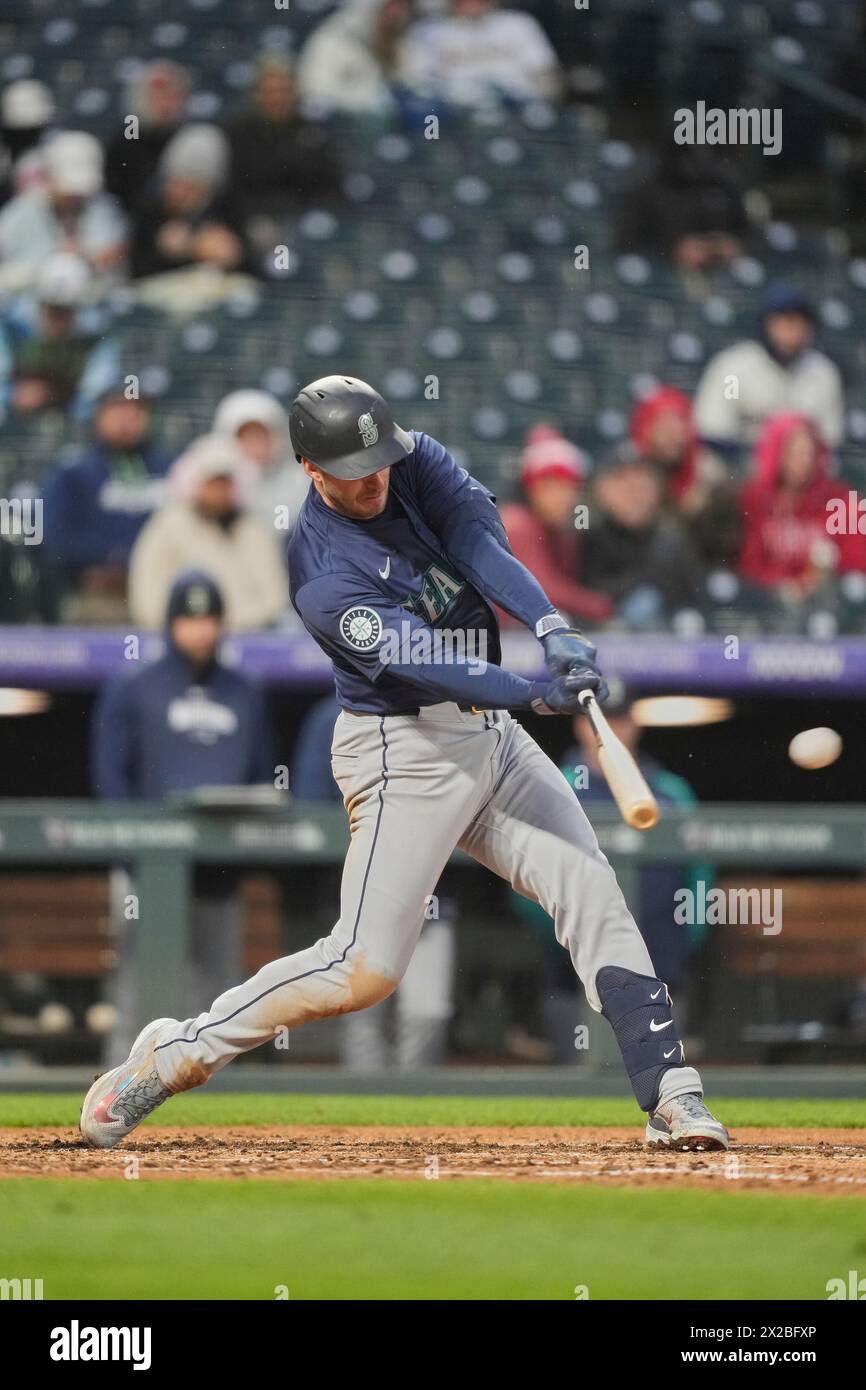 Denver CO, USA. 20th Apr, 2024. Seattle designated hitter Mitch Garver ...