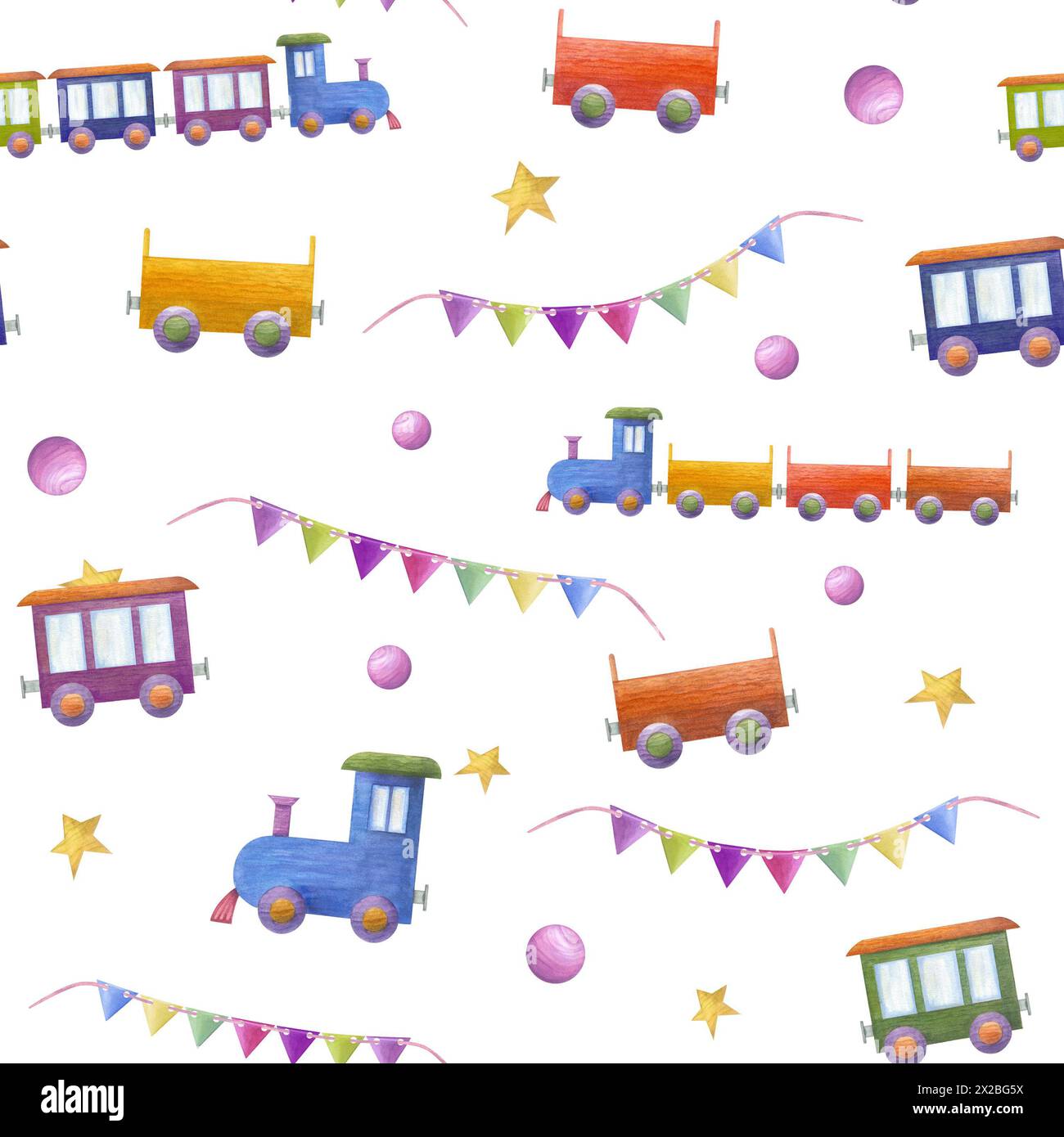 Watercolor seamless pattern of kid wooden toys. Ornate with trains ...