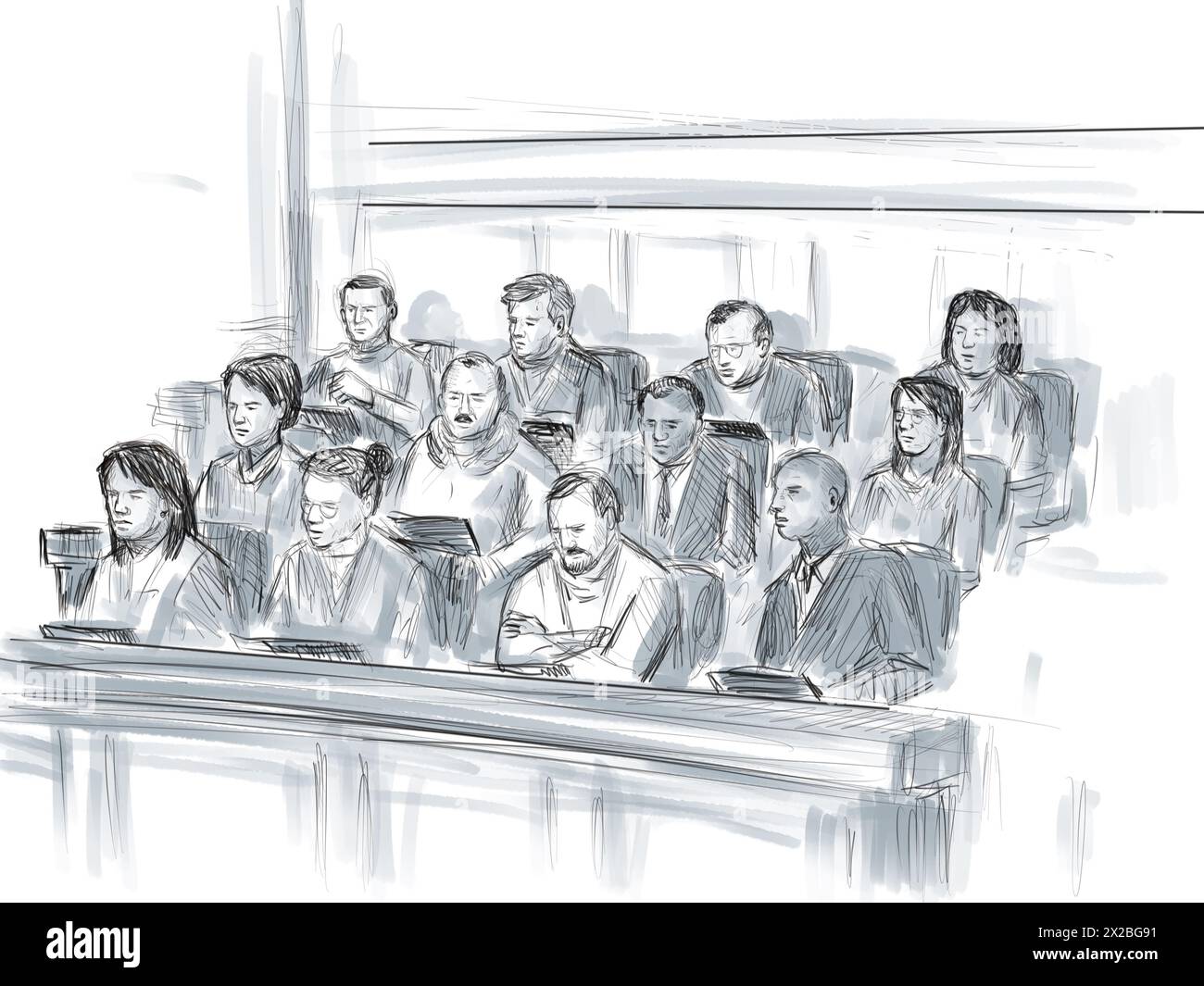 Pastel pencil pen and ink sketch illustration of a courtroom trial ...