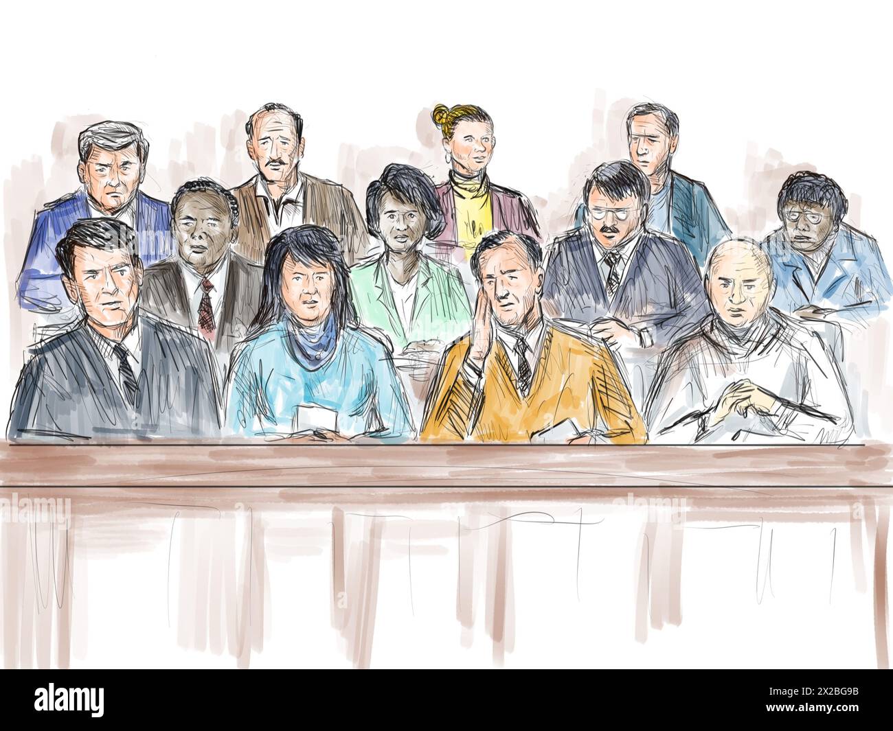 Pastel pencil pen and ink sketch illustration of a courtroom trial ...