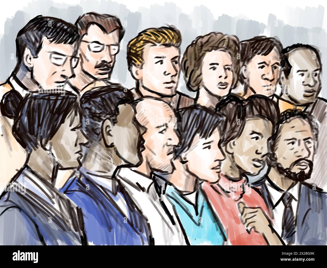 Pastel pencil pen and ink sketch illustration of a courtroom trial ...