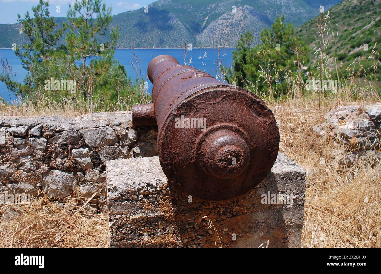 Venetian cannon above Loutsa at Vathy on the Greek island of Ithaca ...