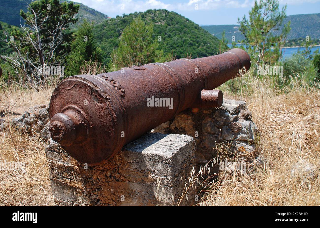 Venetian cannon above Loutsa at Vathy on the Greek island of Ithaca ...