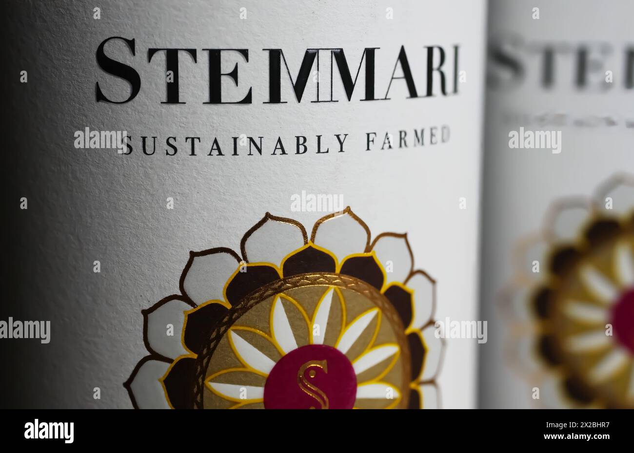 Viersen, Germany - April 5. 2024: Closeup of Stemmari italian Nero d'Avola red wine bottle label ...