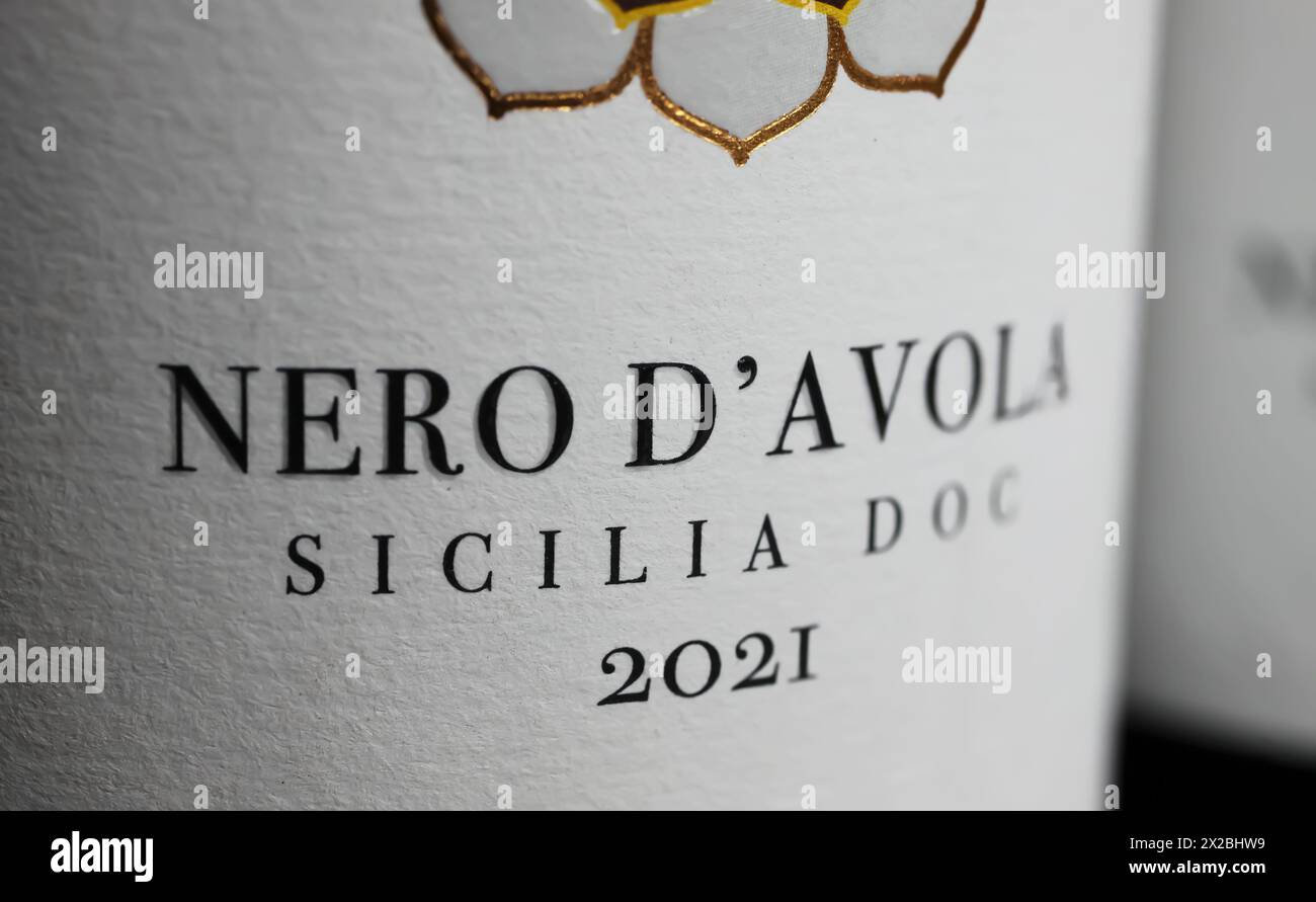 Viersen, Germany - April 5. 2024: Closeup of of lettering Nero d'Avola ...
