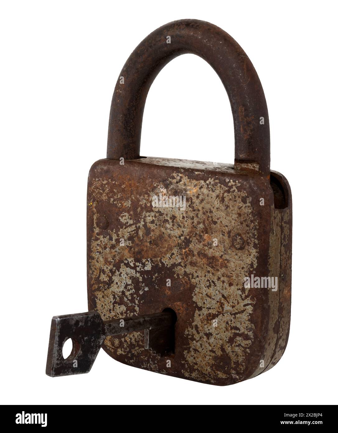 Padlock old padlock with a key on a white background. Isolate of a ...