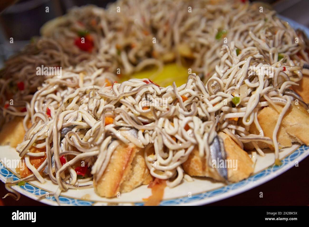 Anchovies with gulas, ´pintxos´ at Bar Txondorra in ol town, Donostia ...