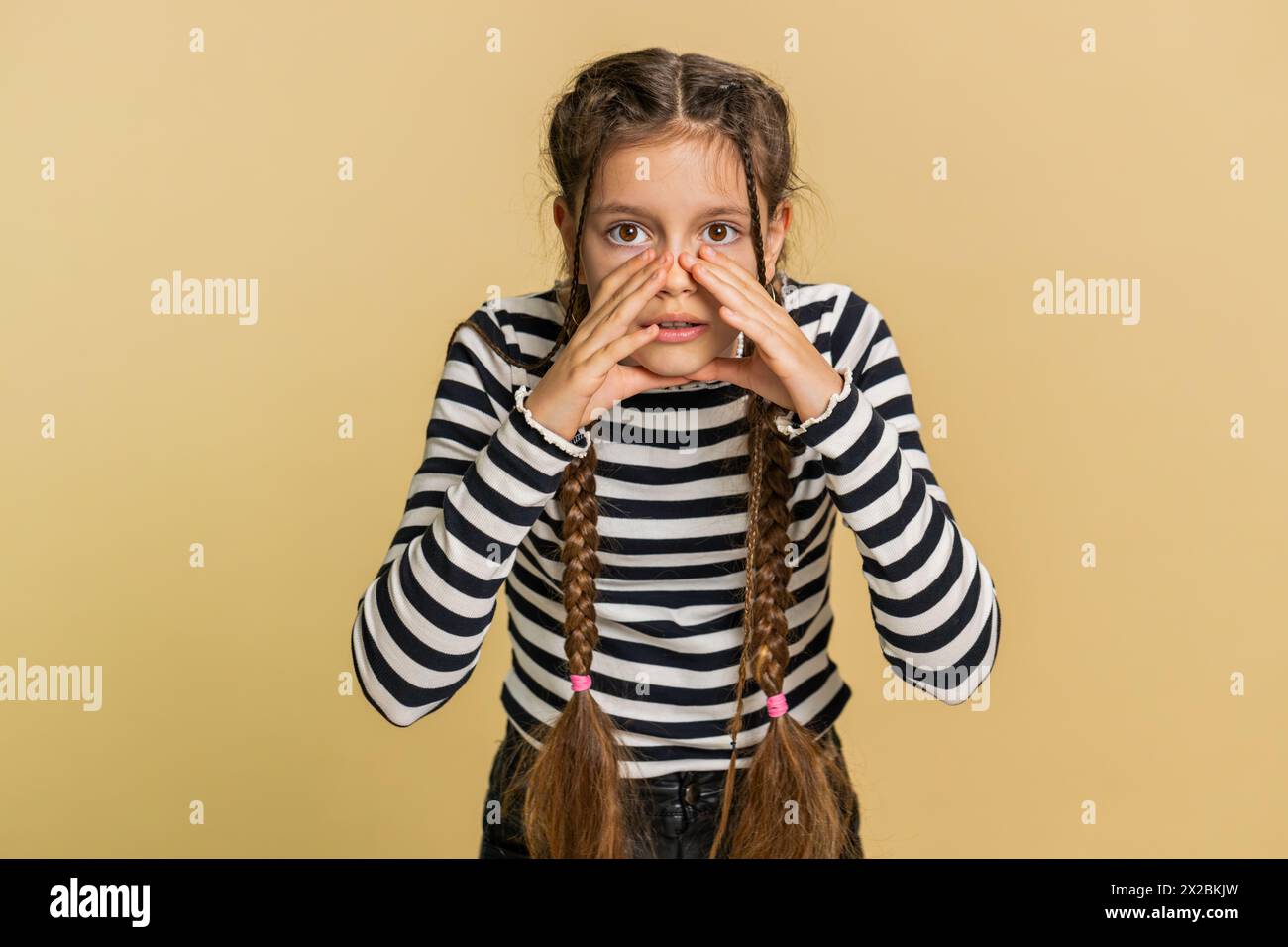 Keep my secrets, silence. Young preteen child girl kid whisper news ...