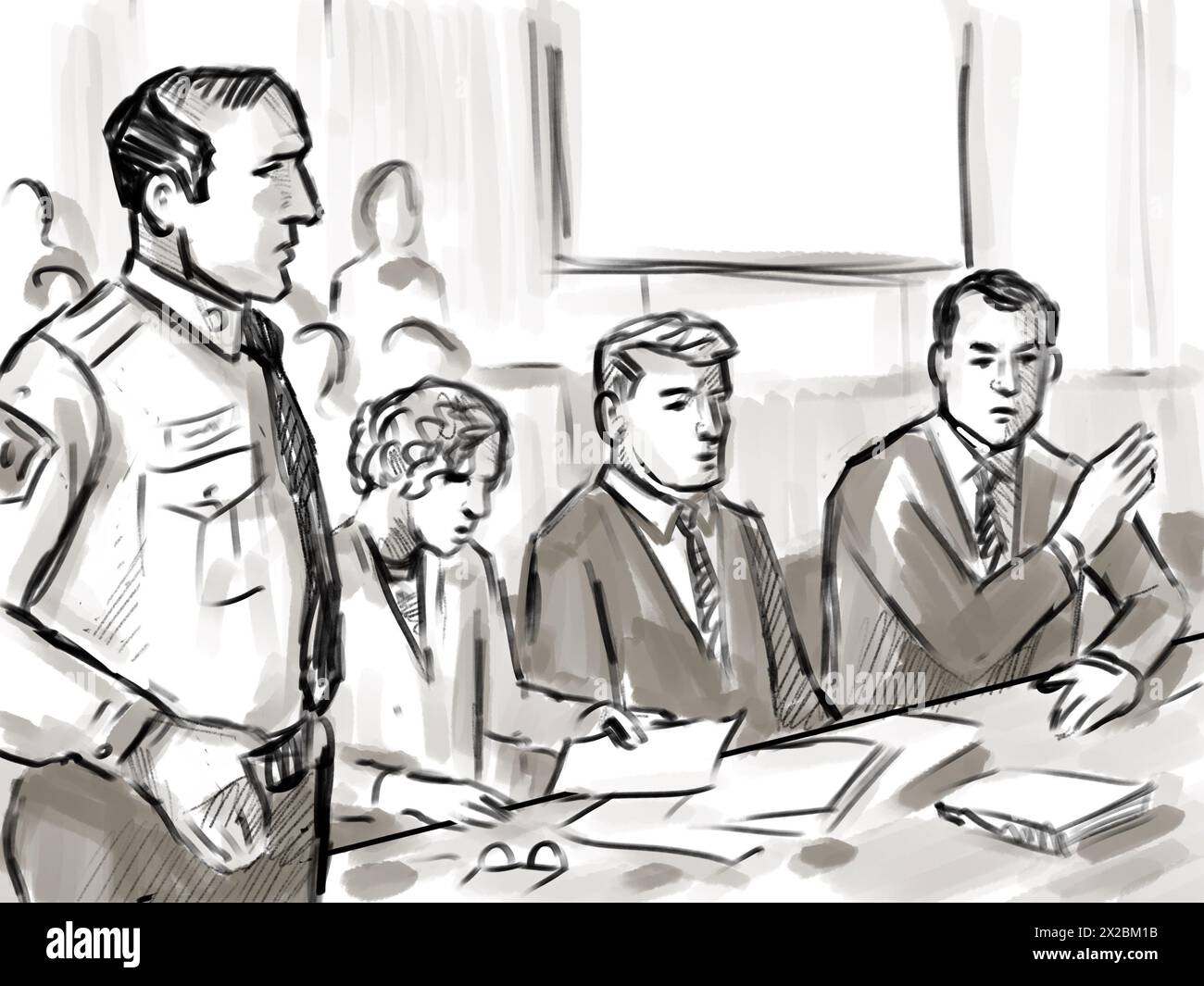 Pastel pencil pen and ink sketch illustration of a courtroom trial ...