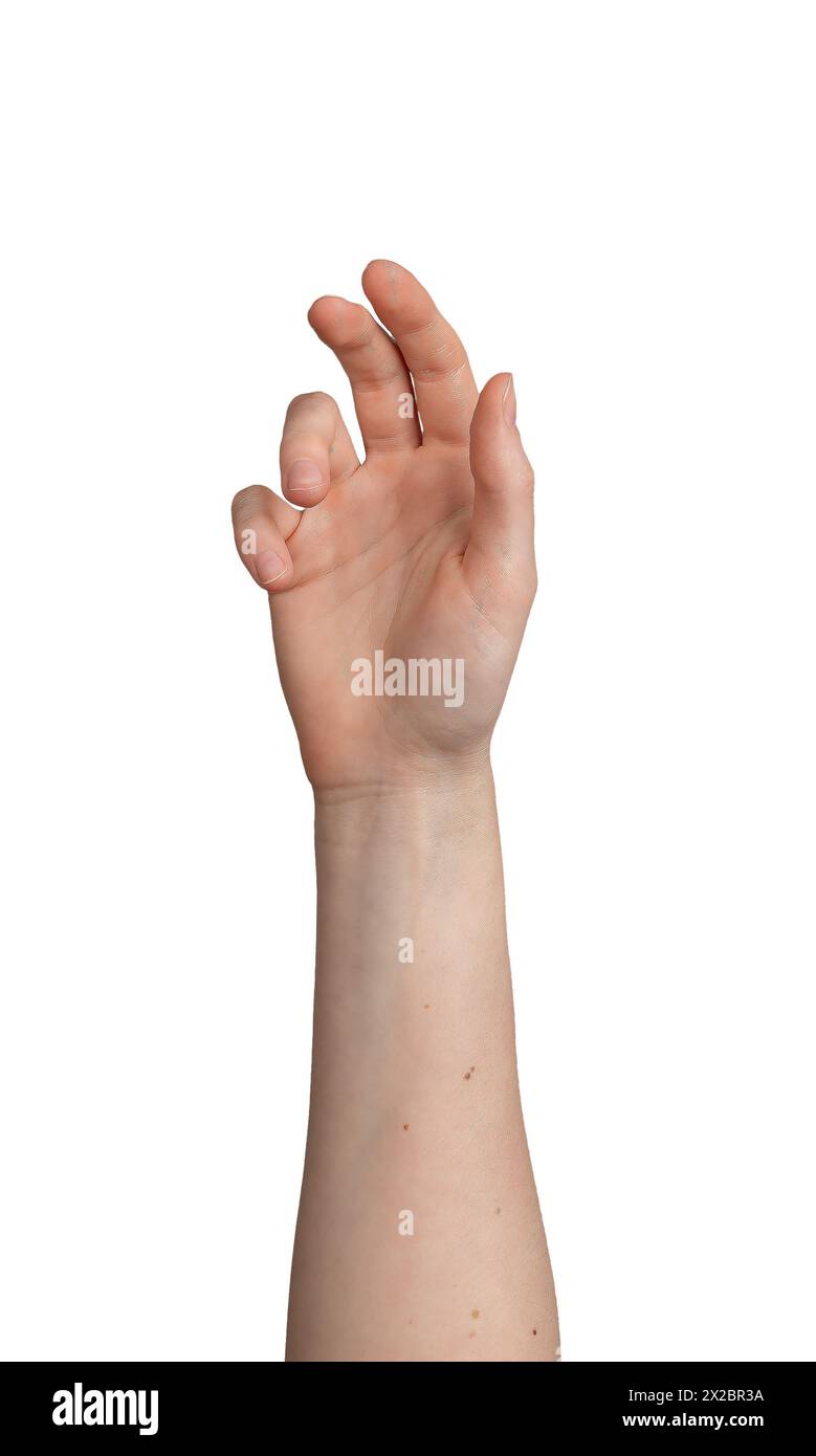White background, female hand gesture. Showing palm, empty wrist sign ...