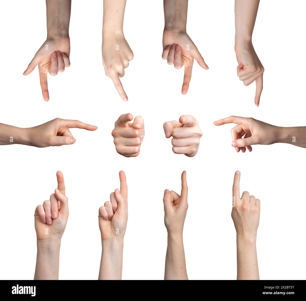 Woman s hand gestures, holding, pointing with fingers on white background. Female palm, wrist ...