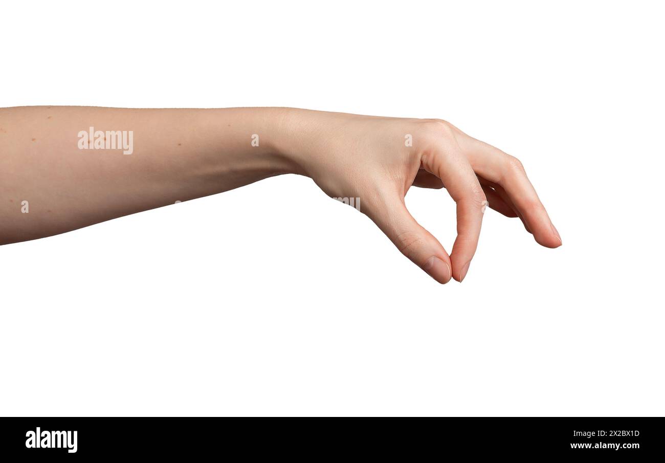 Caucasian female s hand gesture. Pinch, hold, sprinkle action showing ...