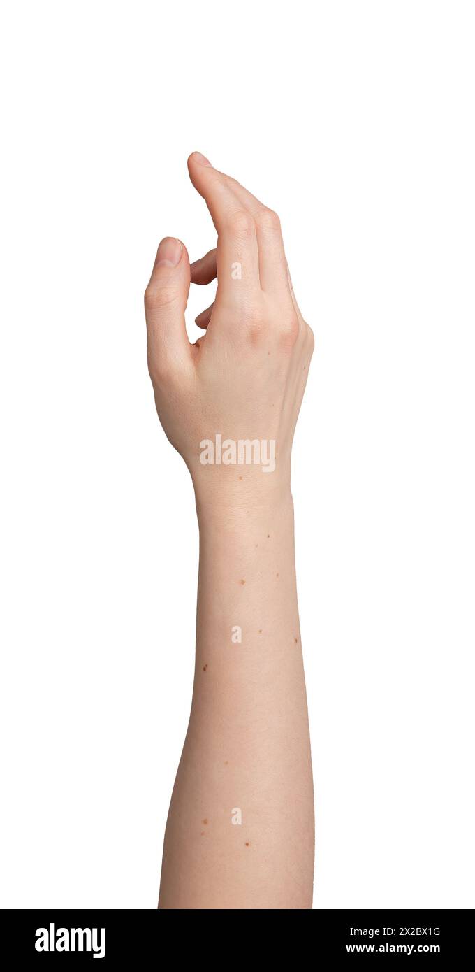 Caucasian woman s hand showing gesture. Empty palm, blank sign, symbol of communication ...